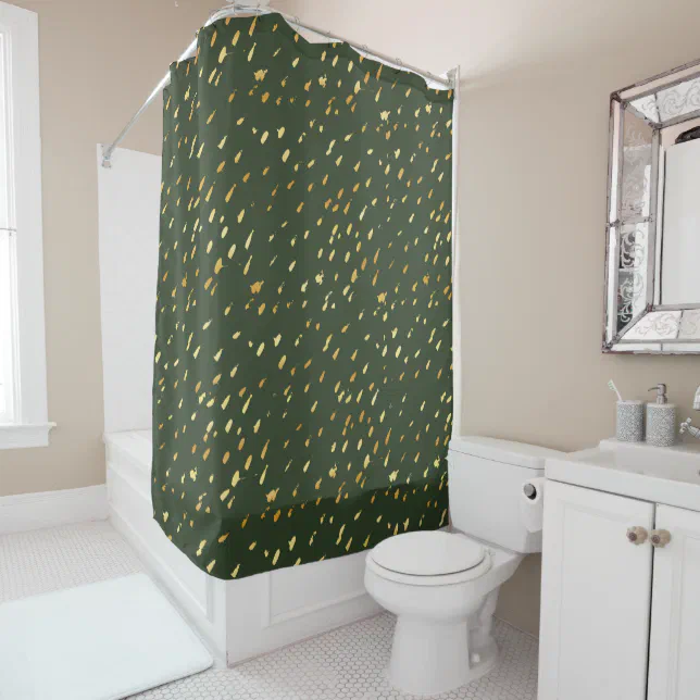 Glam gold splatter forest green shower curtain | Zazzle