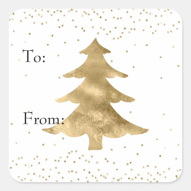 Glam Gold White Sparkle Christmas Tree Square Sticker | Zazzle