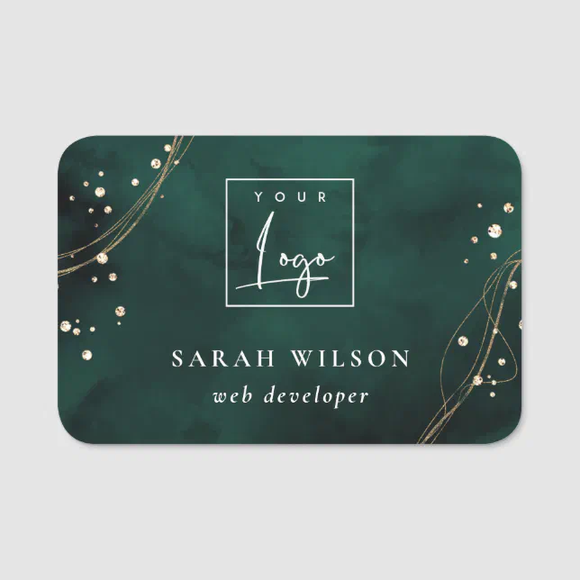 Glam Green Gold Custom Promotional Business Logo Name Tag | Zazzle