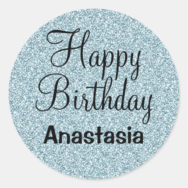 Glam Happy Birthday Blue Silver Glitter Sparkles Classic Round Sticker ...