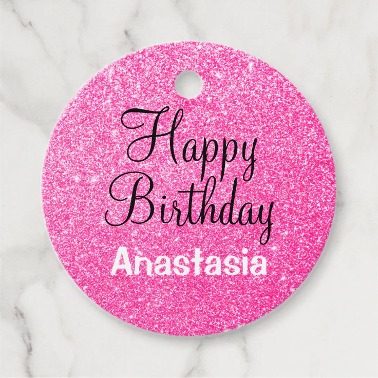 Glam Happy Birthday Hot Pink Glitter Sparkle Name Favor Tags | Zazzle