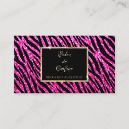 Glam Hot Pink Glitter Zebra Print and Gold Frame Business Card | Zazzle