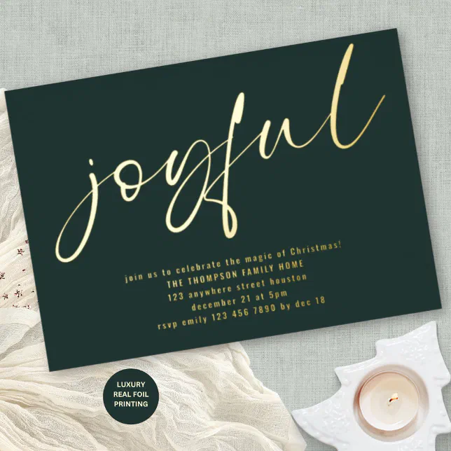 Glam Joyful Script Christmas Party Green Real Foil Invitation | Zazzle