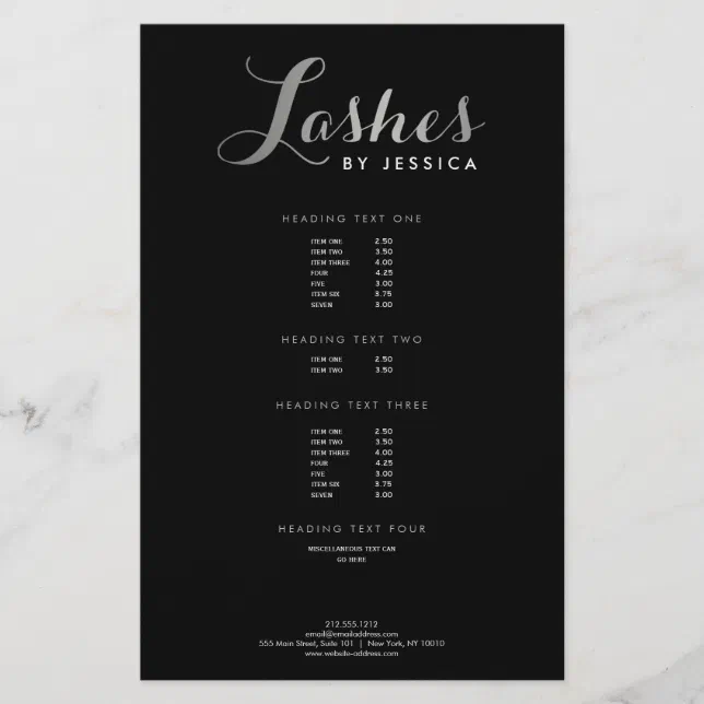 Glam Lashes Script Text Silver/Black Flyer | Zazzle