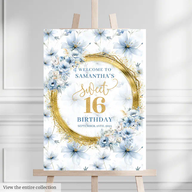 Glam Light Blue Gold Glitter Sweet Sixteen Poster | Zazzle