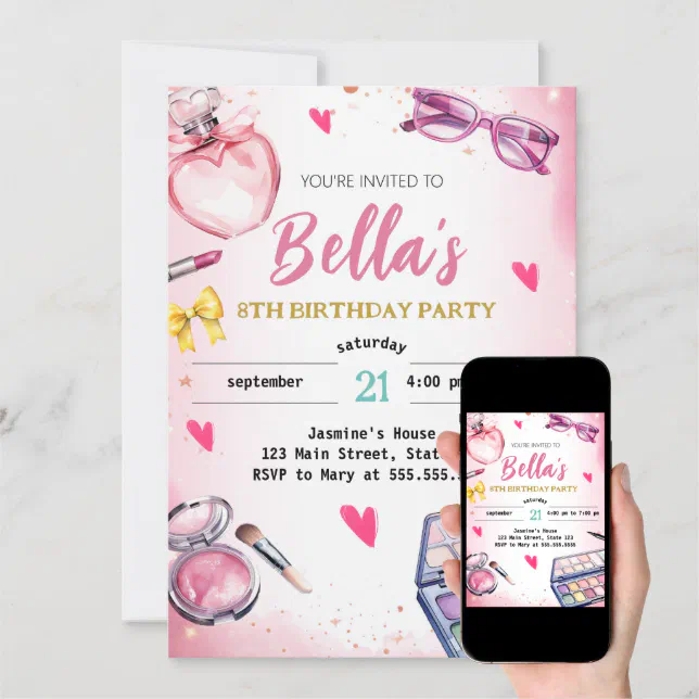 Glam Makeup Birthday Party Blush Pink Spa Party Invitation | Zazzle