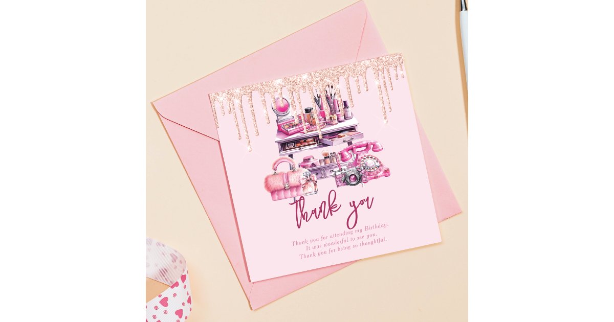 Glam Makeup Girl Birthday Thank You Card | Zazzle