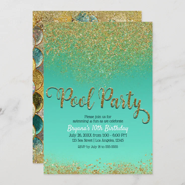 Glam Mermaid Pool Party Gold Glitter Teal Birthday Invitation | Zazzle