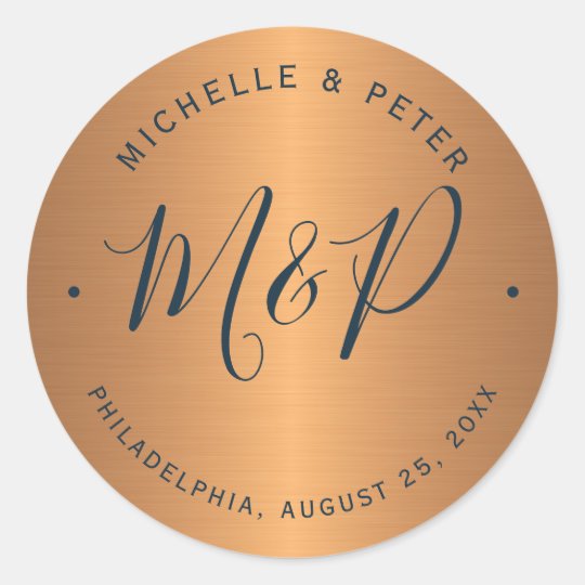 Glam metallic copper gold wedding monogrammed classic round sticker ...