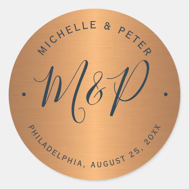 Glam metallic copper gold wedding monogrammed classic round sticker ...