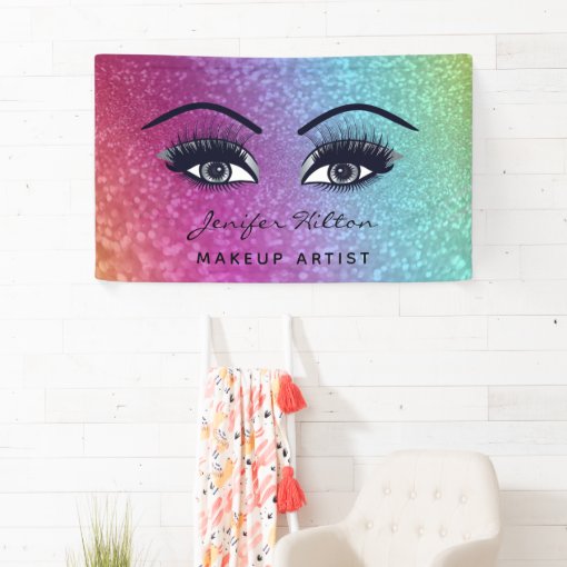 Glam modern glittery rainbow eyelashes & eyebrow banner | Zazzle