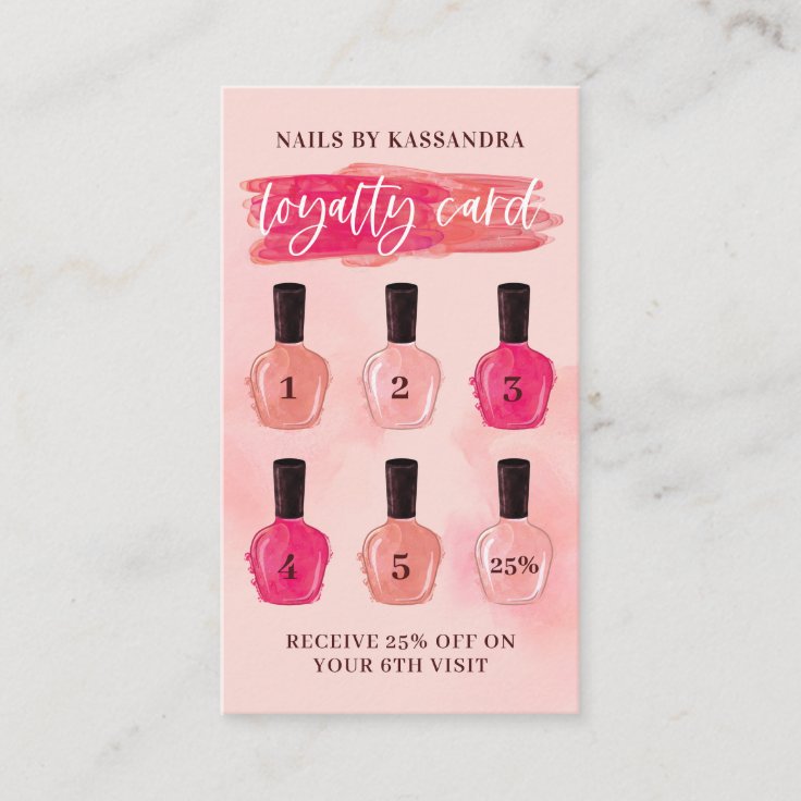 Glam Nail Polish Bottles Brush Stroke Nail Loyalty Business Card | Zazzle
