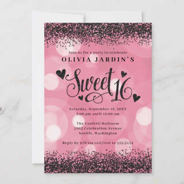 Glam Pink & Black Glitter Sweet 16 Invitation | Zazzle