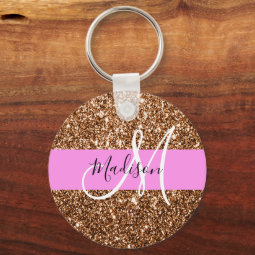 Glam Pink & Bronze Glitter Sparkles Monogram Name Keychain | Zazzle