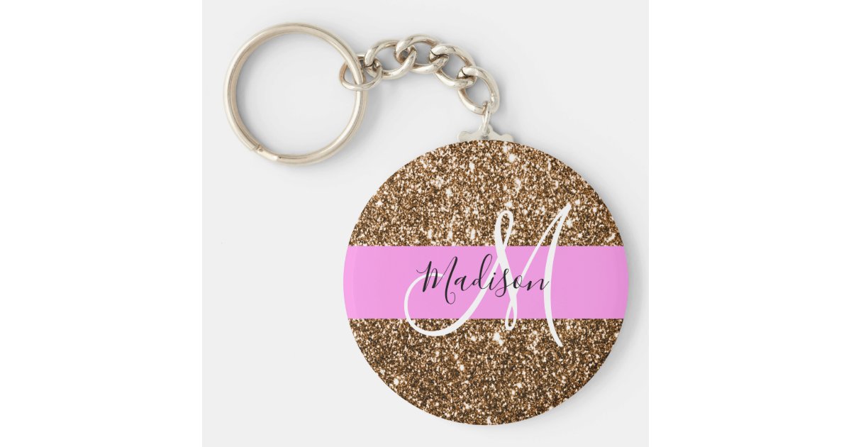 Glam Pink & Bronze Glitter Sparkles Monogram Name Keychain | Zazzle