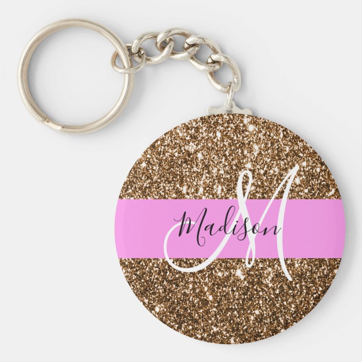 Glam Pink & Bronze Glitter Sparkles Monogram Name Keychain | Zazzle