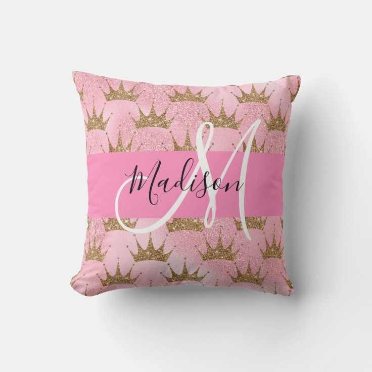 Glam Pink & Gold Glitter Sparkles Crowns Monogram Throw Pillow | Zazzle