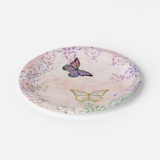 Glam Pink Gold Purple Butterflies Paper Plates | Zazzle