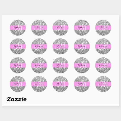 Glam Pink & Silver Glitter Sparkles Monogram Name Classic Round Sticker ...