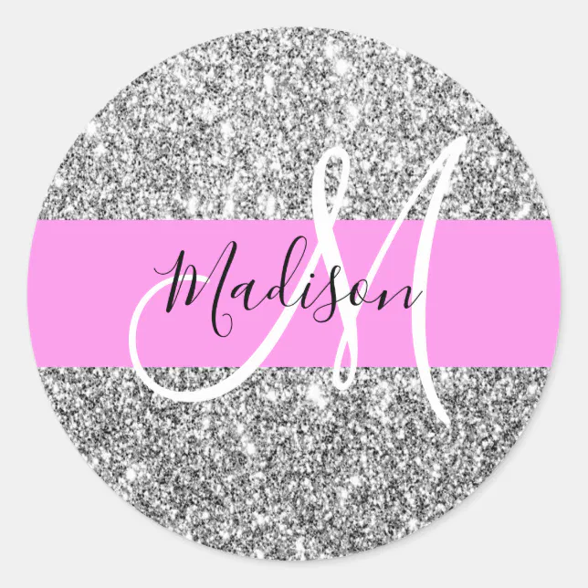 Glam Pink & Silver Glitter Sparkles Monogram Name Classic Round Sticker ...