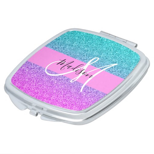 Glam Purple Aqua Glitter Sparkle Gradient Monogram Compact Mirror | Zazzle