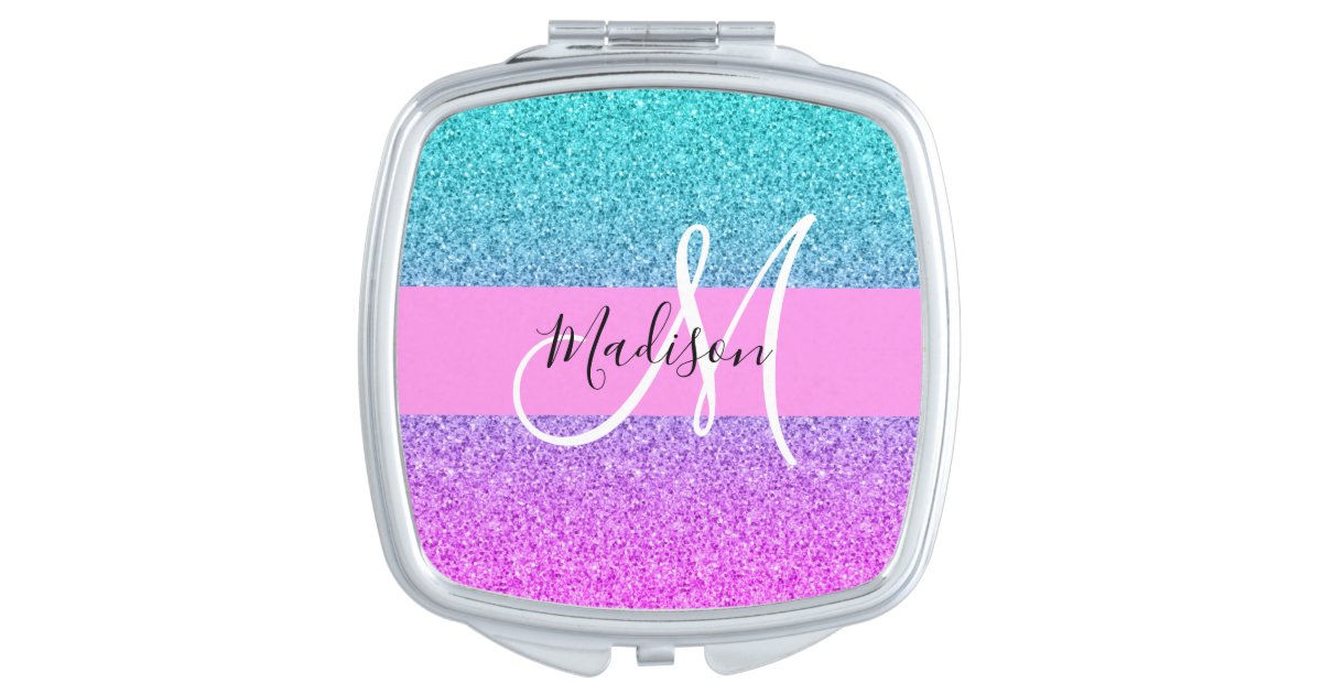 Glam Purple Aqua Glitter Sparkle Gradient Monogram Compact Mirror | Zazzle