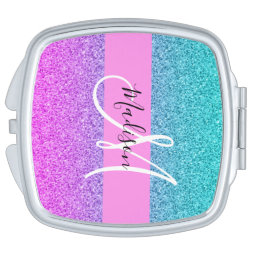 Glam Purple Aqua Glitter Sparkle Gradient Monogram Compact Mirror | Zazzle