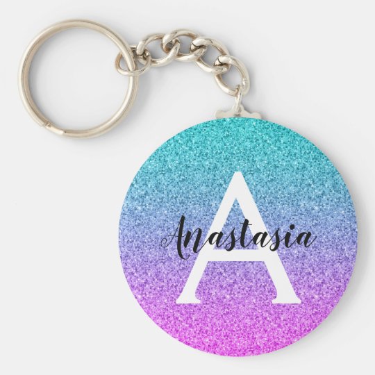 Glam Purple Aqua Glitter Sparkle Gradient Monogram Keychain | Zazzle.com