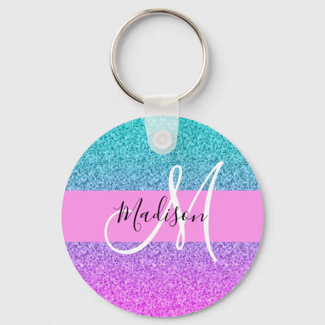 Glam Purple Aqua Glitter Sparkle Gradient Monogram Keychain | Zazzle