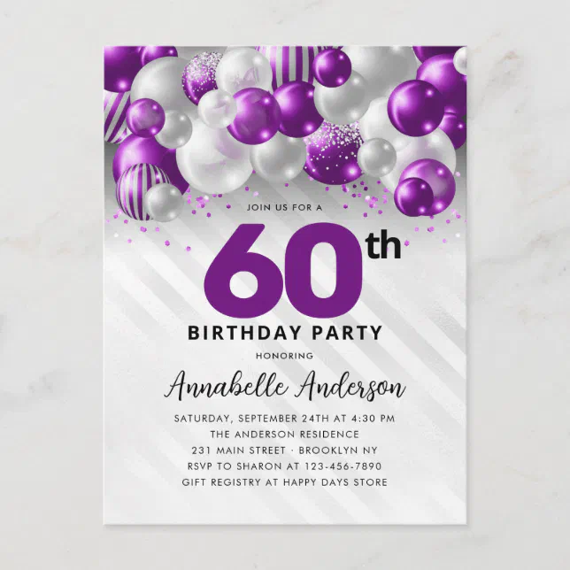 Glam Purple Silver Balloon Glitter 60th Birthday Postcard | Zazzle