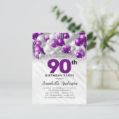 Glam Purple Silver Balloon Glitter 90th Birthday Postcard | Zazzle