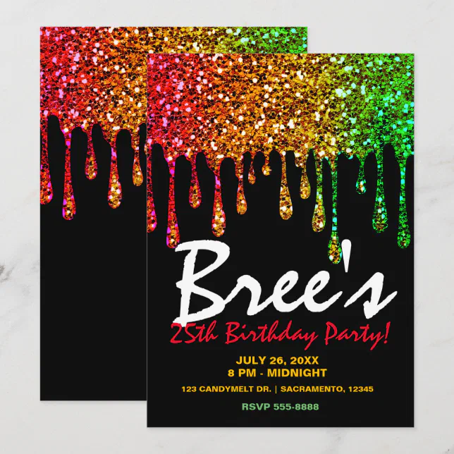 Glam Rasta Rainbow Glitter Drips Birthday Party Invitation | Zazzle