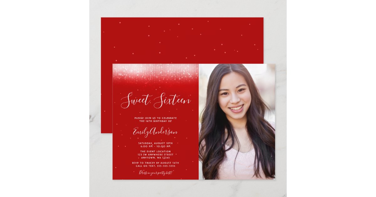 Glam Red Sweet 16 Photo Invitation | Zazzle