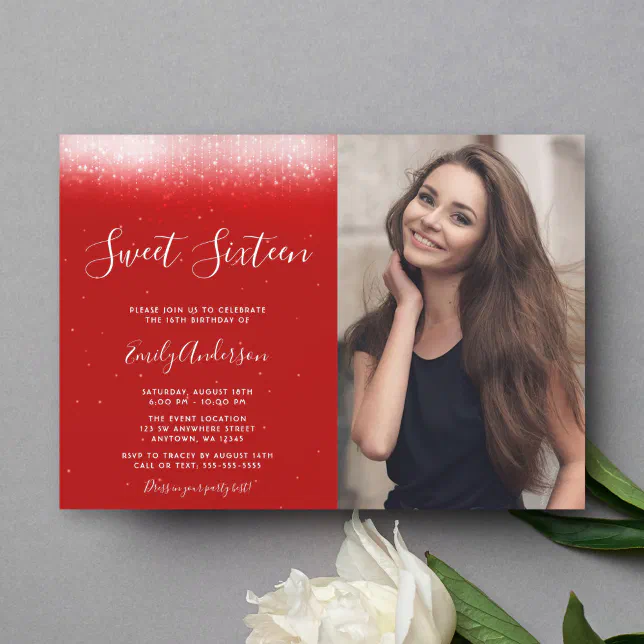 Glam Red Sweet 16 Photo Invitation | Zazzle