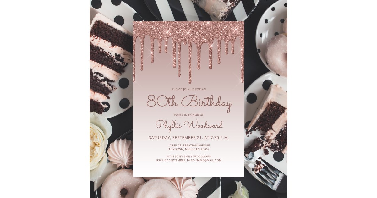 Glam Rose Gold 80th Birthday Party Invitation | Zazzle