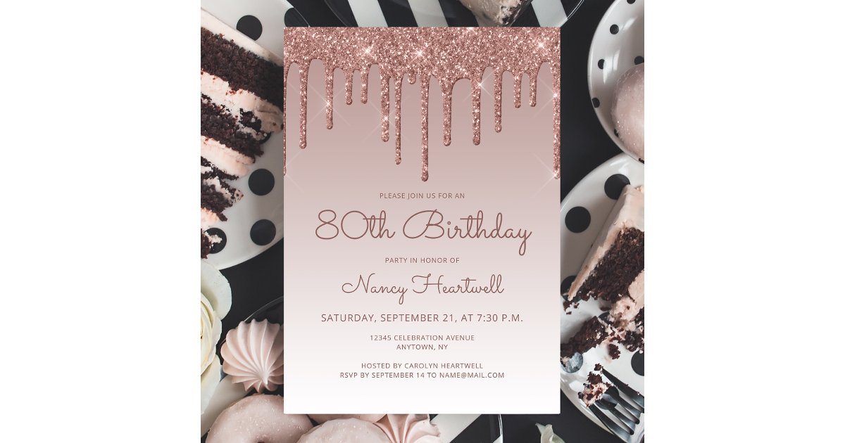 Glam Rose Gold 80th Birthday Party Invitation | Zazzle