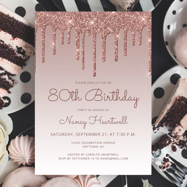 Glam Rose Gold 80th Birthday Party Invitation | Zazzle
