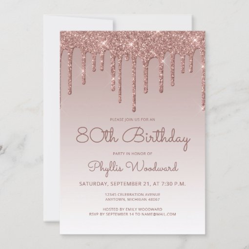 Glam Rose Gold 80th Birthday Party Invitation | Zazzle
