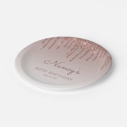 Glam Rose Gold Glitter Drip 80th Birthday Party Paper Plates | Zazzle