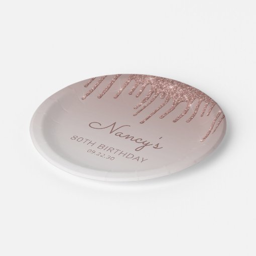 Glam Rose Gold Glitter Drip 80th Birthday Party Paper Plates | Zazzle
