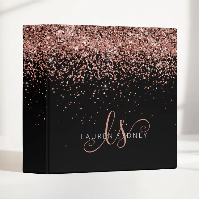 Glam Rose Gold Glitter Elegant Monogram 3 Ring Binder | Zazzle