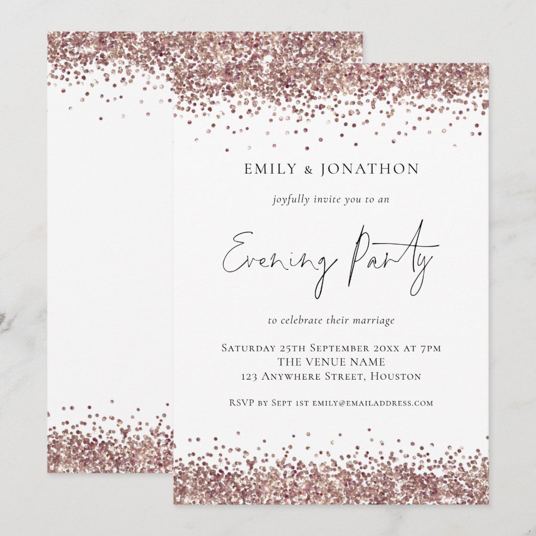 Glam Rose Gold Glitter Wedding Evening Party Invitation | Zazzle