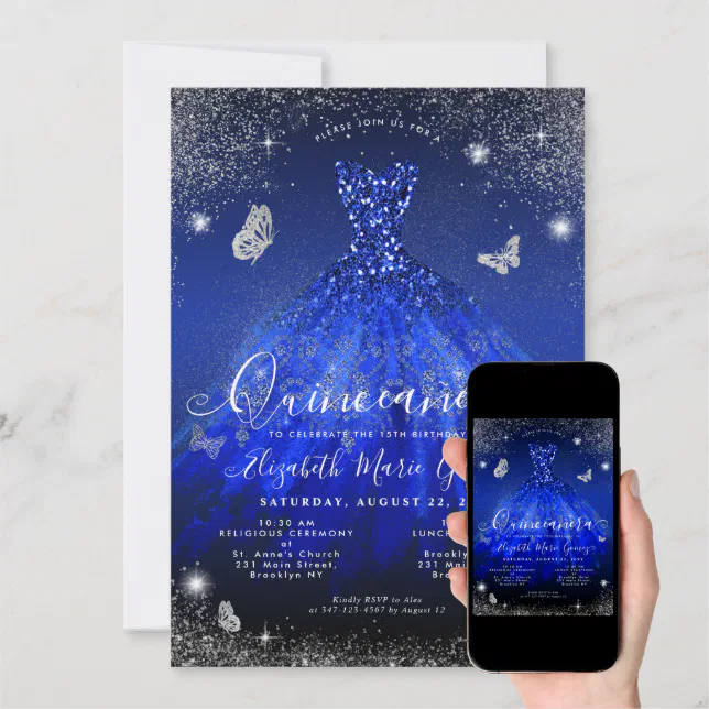 Glam Royal Blue Silver Glitter Gown Quinceanera Invitation | Zazzle