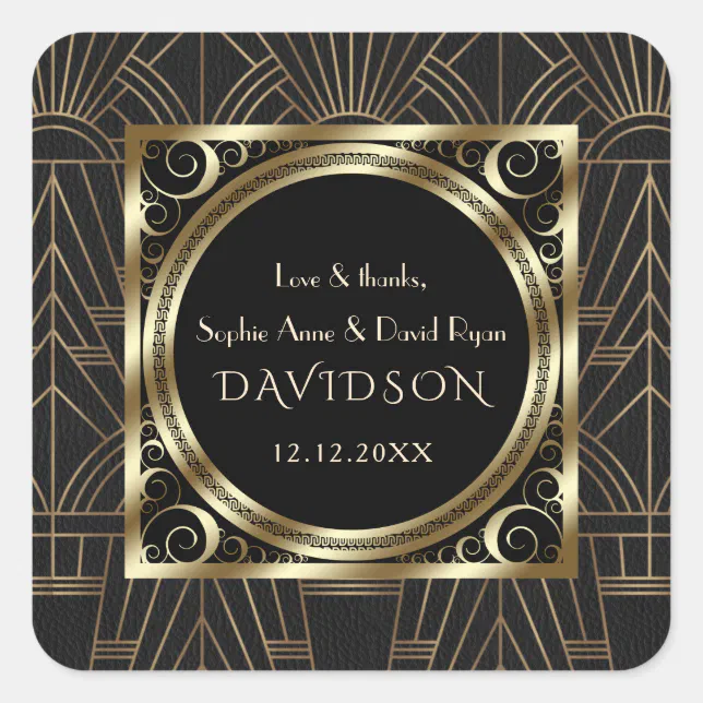 Glam Royal Gold Black Art Deco 20s Wedding Square Sticker | Zazzle