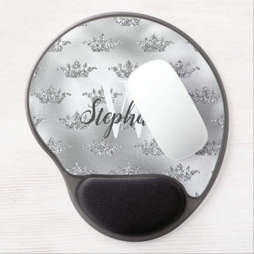 Glam Silver Foil Glitter Crown Pattern Monogram Gel Mouse Pad | Zazzle