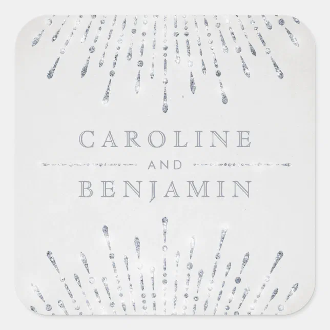 Glam silver glitter deco vintage wedding monogram square sticker | Zazzle