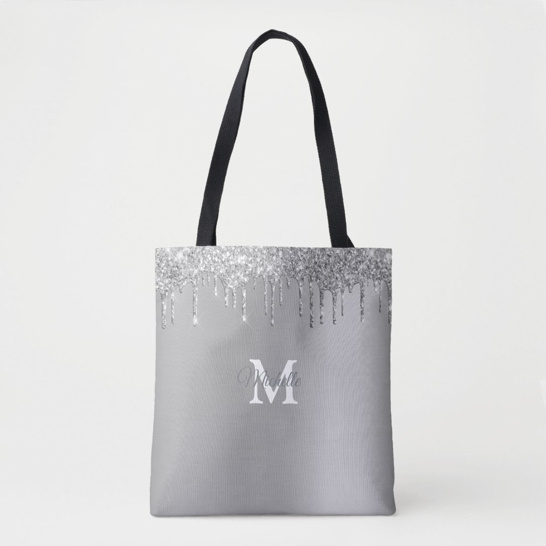 Glam Silver Glitter Personalized Monogram Tote Bag | Zazzle