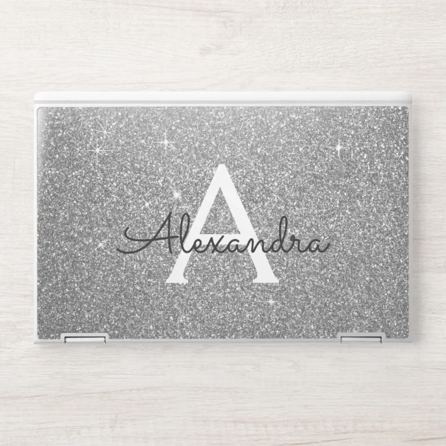 Glam Silver Modern Glitter Sparkle Monogram HP Laptop Skin | Zazzle