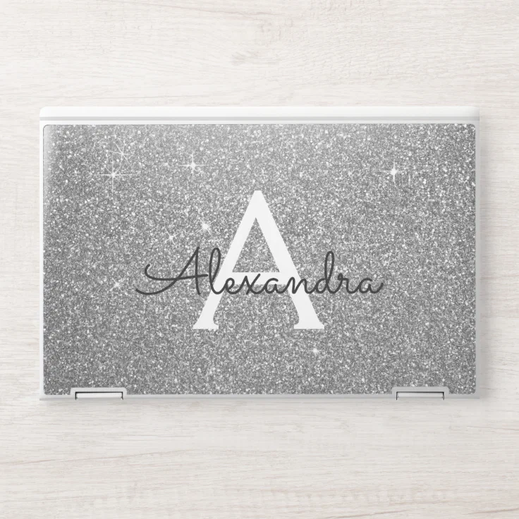 Glam Silver Modern Glitter Sparkle Monogram HP Laptop Skin | Zazzle