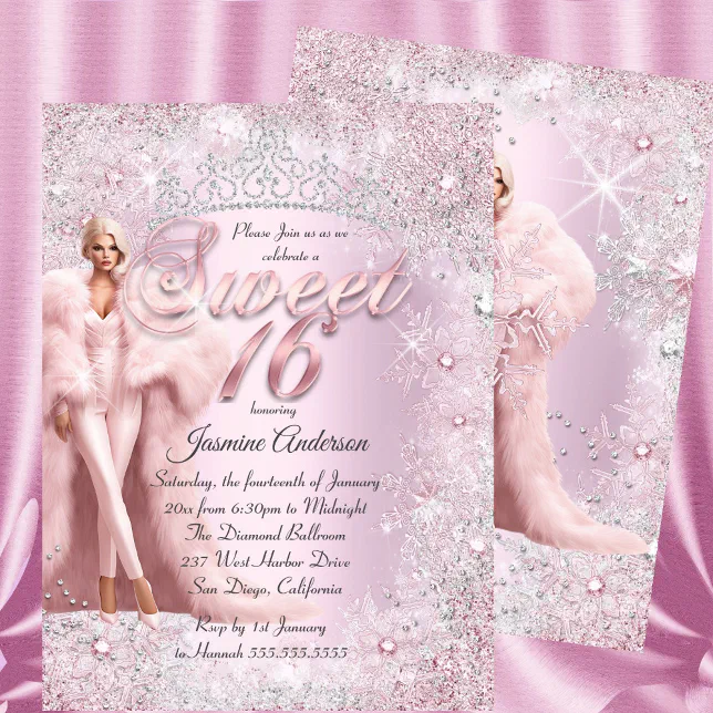 Glam Sweet 16 Pink Silver Winter Wonderland Tiara Invitation | Zazzle
